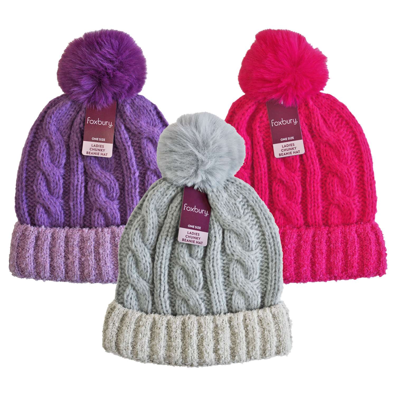 Ladies Chunky Beanie Hat with Pom Pom Assorted Colours